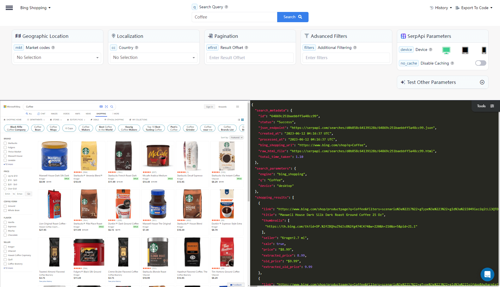 How to get Bing Shopping Search Results in JSON